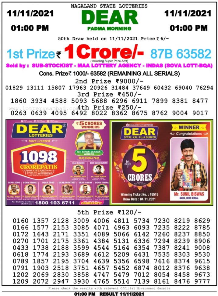 Dear Daily Lottery Result 1 Pm 11 Nov 2021 | All India Lottery Results