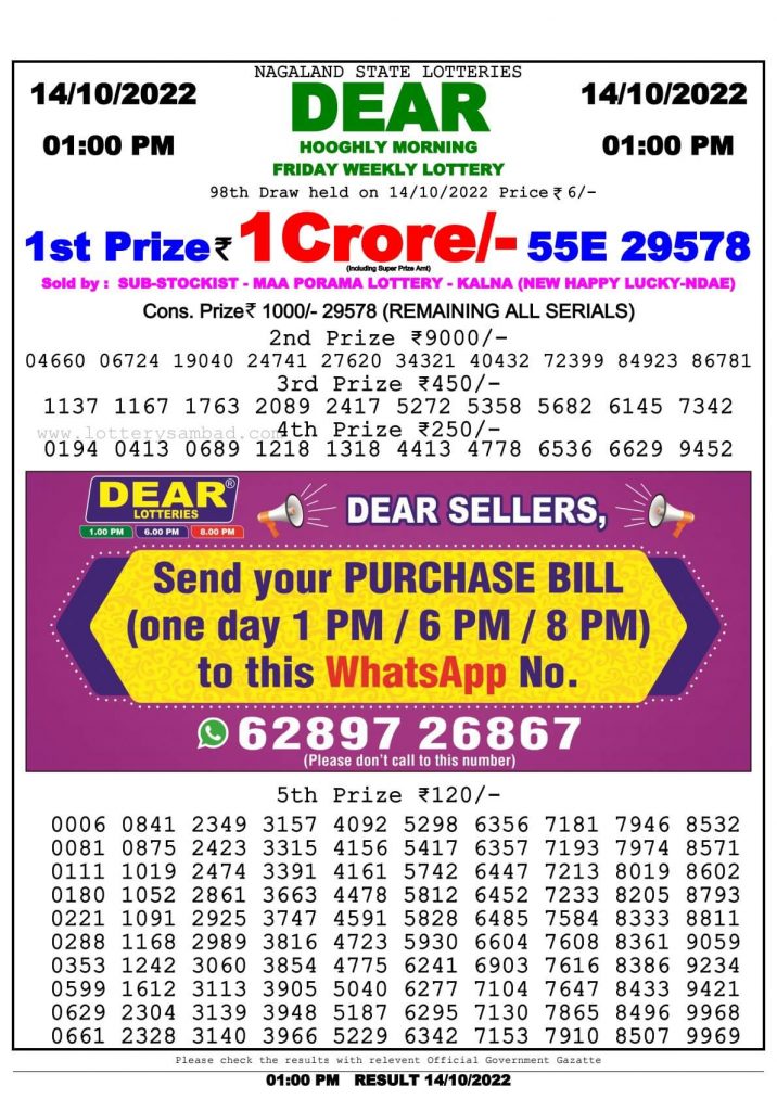 Dear Daily Result 1 Pm 14 Oct 2022 | All India Lottery Results