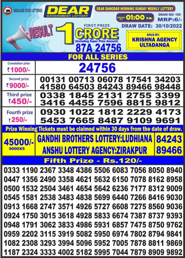 DEAR LOTTERY 1 PM 30 OCT 2022 | All India Lottery Results