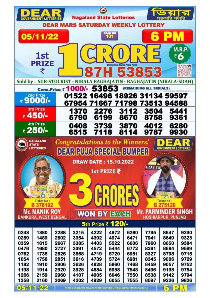DEAR LOTTERY 6 PM 05 NOV 2022 - All India Lottery Results