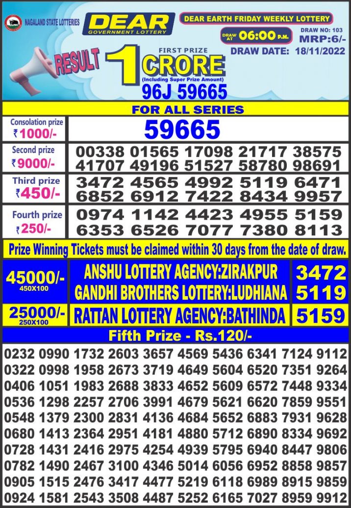 DEAR LOTTERY 6 PM 18 NOV 2022 | All India Lottery Results