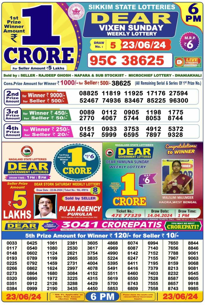 Dear Daily 6 Pm Result Lottery 23 June 2024 | All India Lottery Results