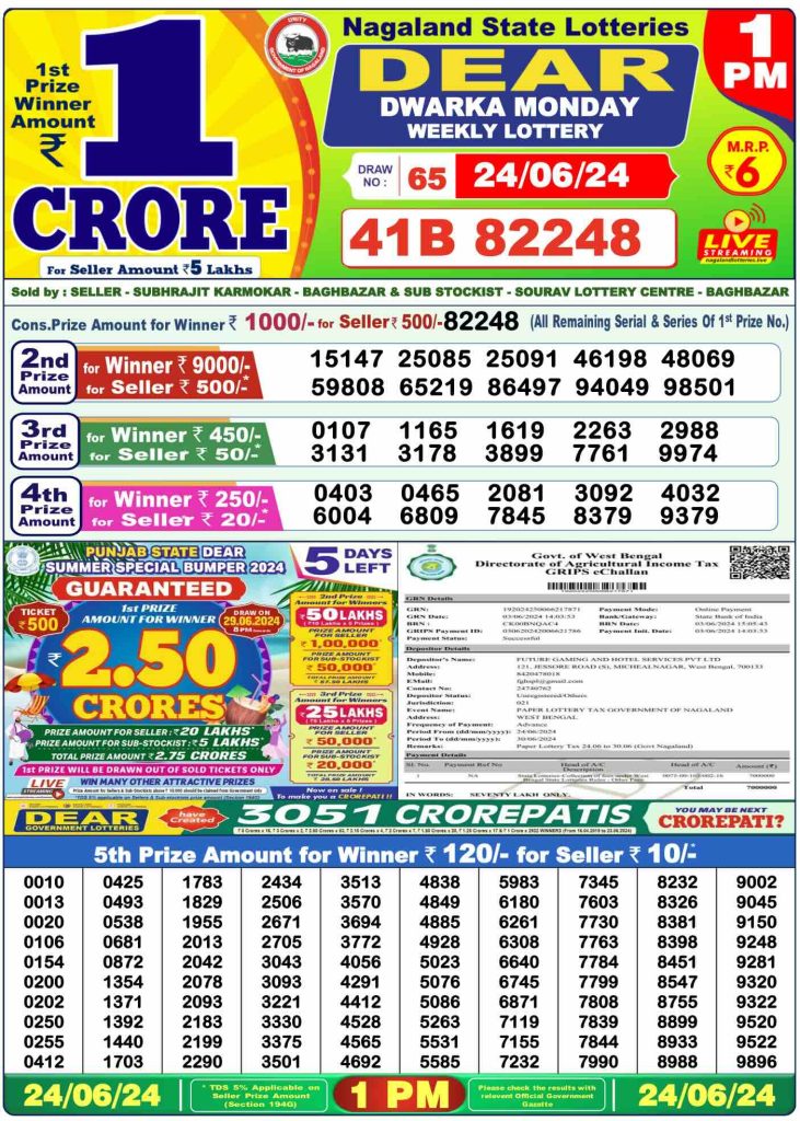 Dear Daily 1 Pm Result Lottery 24 June 2024 | All India Lottery Results